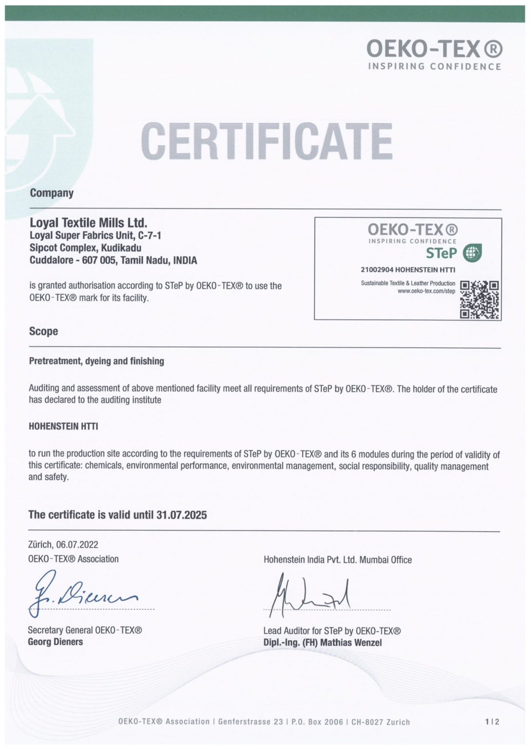 Certification - Loyal Textiles
