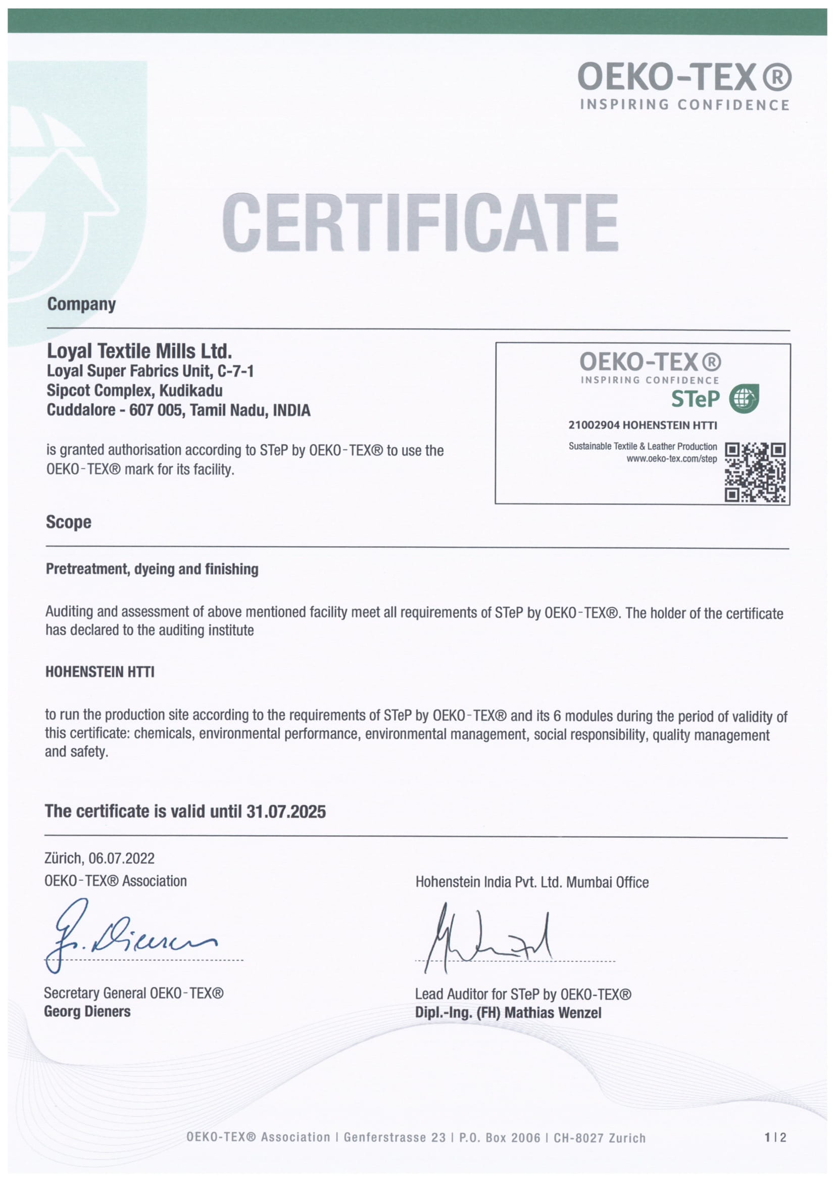 Certification - Loyal Textiles